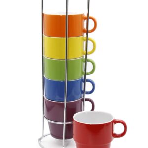 gypsy color The Original Brink House 12 OZ. Cappuccino Stacking Coffee Mug Set with Metal Stand, Multi-Colored Hand-Glazed Ceramic Stoneware