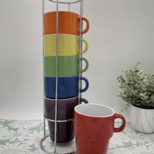 gypsy color The Original Brink House 12 OZ. Cappuccino Stacking Coffee Mug Set with Metal Stand, Multi-Colored Hand-Glazed Ceramic Stoneware