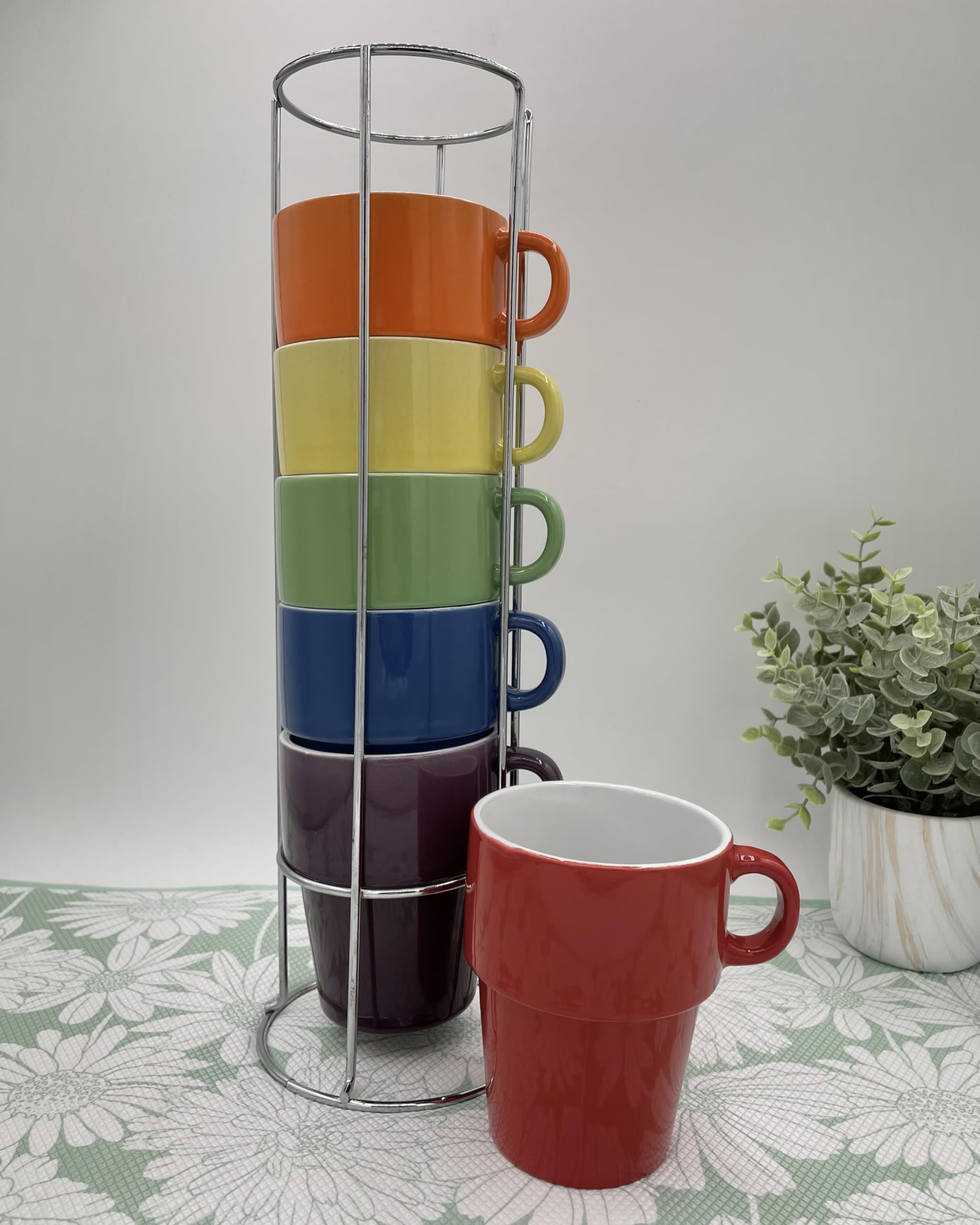 gypsy color The Original Brink House 12 OZ. Cappuccino Stacking Coffee Mug Set with Metal Stand, Multi-Colored Hand-Glazed Ceramic Stoneware