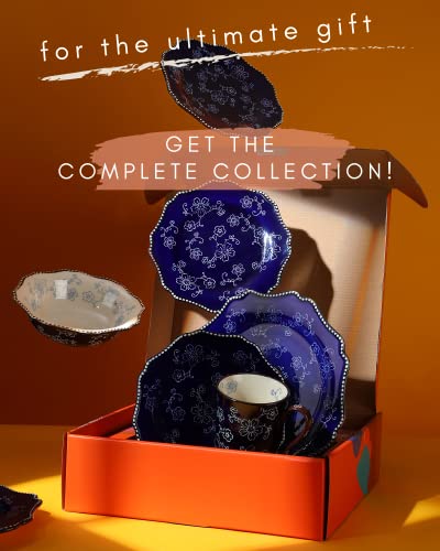 KUNABOO Artisanal Small Ceramic Plates, Salad Plates, Dessert Plates Ceramic Plates Set of 6-7.8” - Sakura Floral Series Midnight Blue - Ready to Wrap Gift