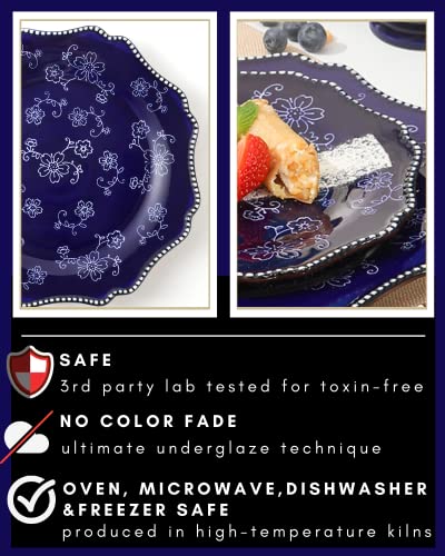 KUNABOO Artisanal Small Ceramic Plates, Salad Plates, Dessert Plates Ceramic Plates Set of 6-7.8” - Sakura Floral Series Midnight Blue - Ready to Wrap Gift