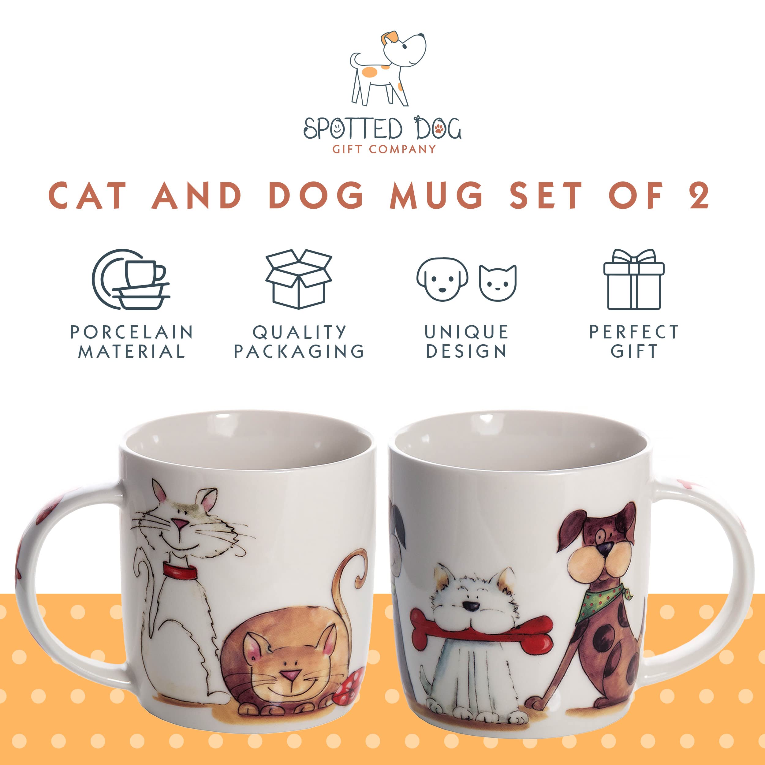 SPOTTED DOG GIFT COMPANY Dog and Cat Coffee Mug Set, 12 oz Cute Mugs Ceramic Porcelain China Coffee Tea Cups, Animal Themed Gifts for Cat Lovers and Dog Lovers Women Men, Set of 2