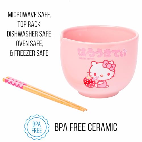 Silver Buffalo Sanrio Hello Kitty Strawberry Milk Japanese Character Ceramic Ramen Rice Bowl with Chopsticks, 20 Ounces, Pink