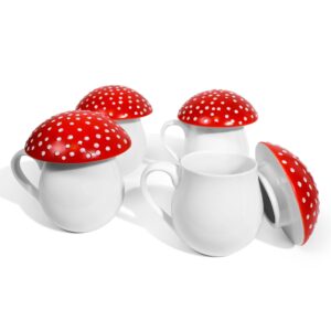 upper midland products mushroom mugs | ceramic mushroom coffee mug with lid | set of 4 mushroom cups