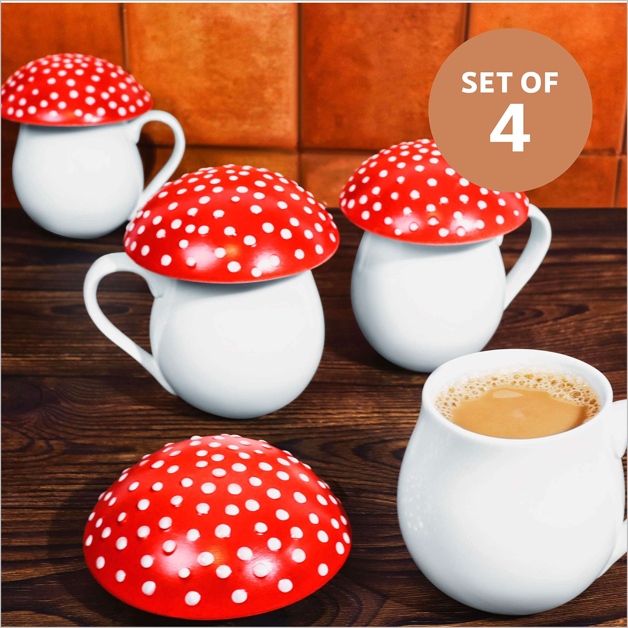 Upper Midland Products Mushroom Mugs | Ceramic Mushroom Coffee Mug with Lid | Set of 4 Mushroom Cups