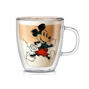 joyjolt mickey mouse 13.5oz glass cups set. 2 insulated double wall glass coffee cups, insulated coffee cup set. unique coffee mugs, large espresso cups. disney cups and disney mugs.