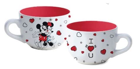 Jumbo Kissing Mickey and Minnie Wide Ceramic Drinking Mug, Multi Purpose Cereal, Coffee, Latte Mug with Handle, Oversized Sippable Soup Bowl, Unique Gifts for Classic Disney Fans, 24 Ounces