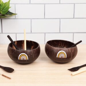 Coconut Bowls Set of 2 – Rainbow Design Wooden Bowls With Bamboo Straws, Wooden Forks & 2 Spoons – Natural Hand Carved Coconut Shell Bowl… (2, Rainbow)