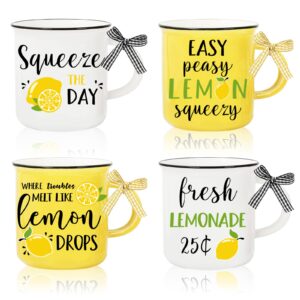 whaline summer lemon mini coffee mug with ribbon lemon fresh squeeze mini drinking mug yellow white summer tiered tray decor for table centerpieces decor housewarming gift, 4pcs