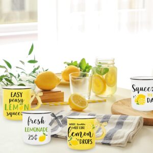 Whaline Summer Lemon Mini Coffee Mug with Ribbon Lemon Fresh Squeeze Mini Drinking Mug Yellow White Summer Tiered Tray Decor for Table Centerpieces Decor Housewarming Gift, 4Pcs