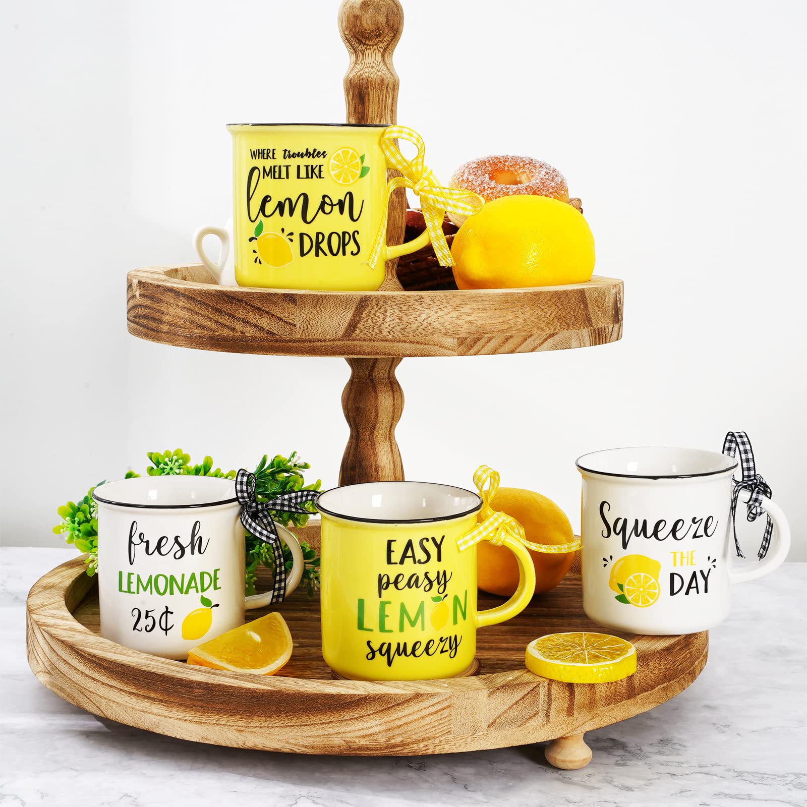 Whaline Summer Lemon Mini Coffee Mug with Ribbon Lemon Fresh Squeeze Mini Drinking Mug Yellow White Summer Tiered Tray Decor for Table Centerpieces Decor Housewarming Gift, 4Pcs