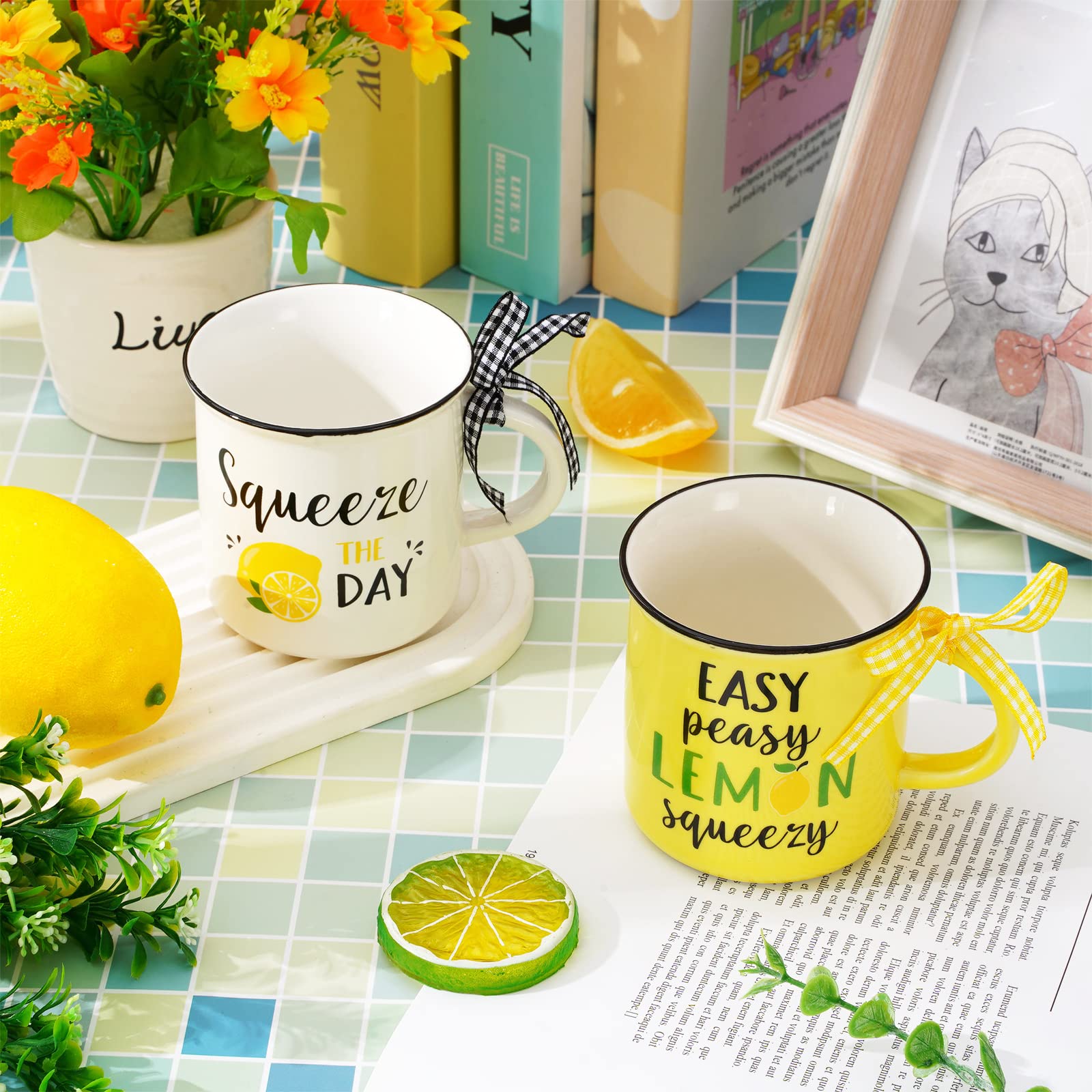 Whaline Summer Lemon Mini Coffee Mug with Ribbon Lemon Fresh Squeeze Mini Drinking Mug Yellow White Summer Tiered Tray Decor for Table Centerpieces Decor Housewarming Gift, 4Pcs