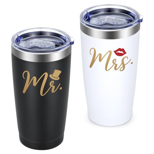 LiqCool Mr and Mrs Gifts, Wedding Gifts for Couple Wife Husband Bride Groom, Anniversary Birthday Gifts for Newlyweds, 20Oz Double Wall Vacuum Stainless Steel Tumbler Set(White & Black)