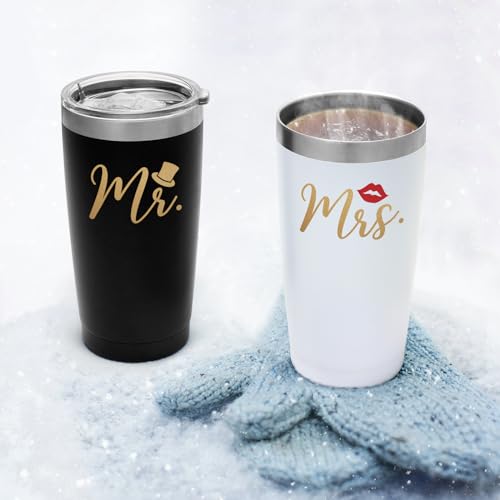 LiqCool Mr and Mrs Gifts, Wedding Gifts for Couple Wife Husband Bride Groom, Anniversary Birthday Gifts for Newlyweds, 20Oz Double Wall Vacuum Stainless Steel Tumbler Set(White & Black)