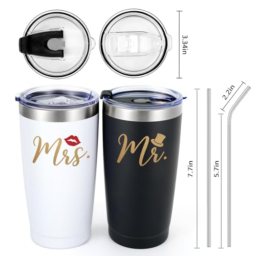 LiqCool Mr and Mrs Gifts, Wedding Gifts for Couple Wife Husband Bride Groom, Anniversary Birthday Gifts for Newlyweds, 20Oz Double Wall Vacuum Stainless Steel Tumbler Set(White & Black)