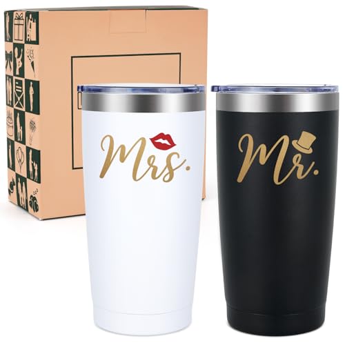 LiqCool Mr and Mrs Gifts, Wedding Gifts for Couple Wife Husband Bride Groom, Anniversary Birthday Gifts for Newlyweds, 20Oz Double Wall Vacuum Stainless Steel Tumbler Set(White & Black)