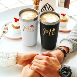 LiqCool Mr and Mrs Gifts, Wedding Gifts for Couple Wife Husband Bride Groom, Anniversary Birthday Gifts for Newlyweds, 20Oz Double Wall Vacuum Stainless Steel Tumbler Set(White & Black)