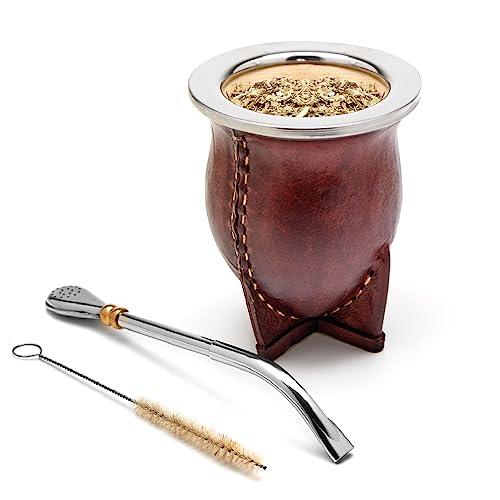 BALIBETOV Premium Yerba Mate Gourd (Mate Cup) - Uruguayan Mate - Leather Wrapped - Includes Stainless Steel Bombilla and Cleaning Brush. (Camionero Burgundy)