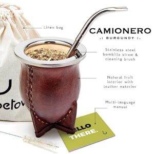 BALIBETOV Premium Yerba Mate Gourd (Mate Cup) - Uruguayan Mate - Leather Wrapped - Includes Stainless Steel Bombilla and Cleaning Brush. (Camionero Burgundy)