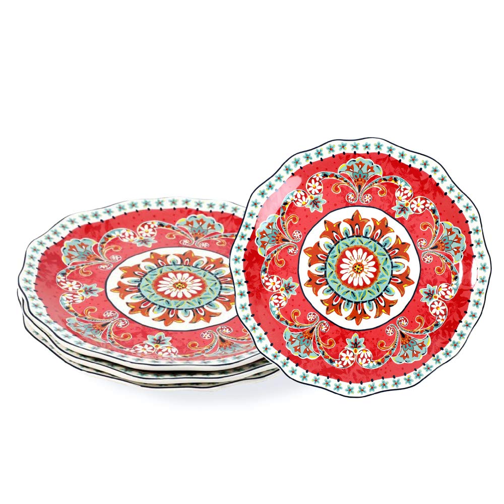 Sonemone 11 Inch Red Farmhouse Floral Dinner Plates, Set of 4, Large Ceramic Plates for Salad, Dinner, Microwave & Dishwasher Safe