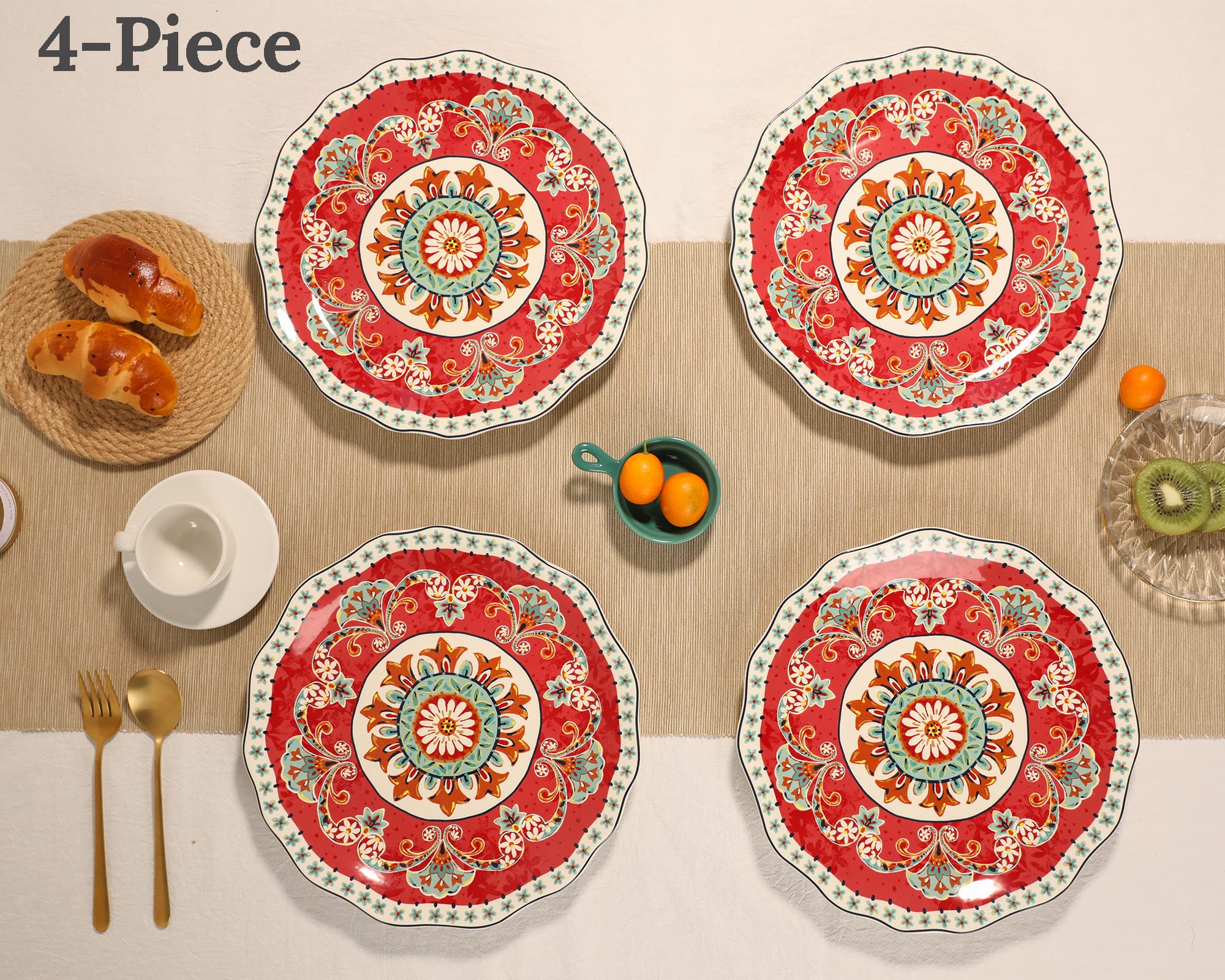 Sonemone 11 Inch Red Farmhouse Floral Dinner Plates, Set of 4, Large Ceramic Plates for Salad, Dinner, Microwave & Dishwasher Safe