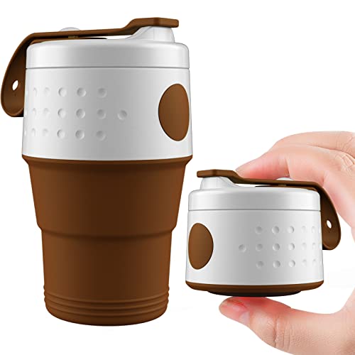 Collapsible Travel Cup Coffee Mug, 13.5oz / 395ml - Leak-Proof Reusable Portable Silicone Cup, Expandable Drinking Mug - Perfect for Camping & Hiking & Traveling - Microwave & Dishwasher Safe(Coffee)