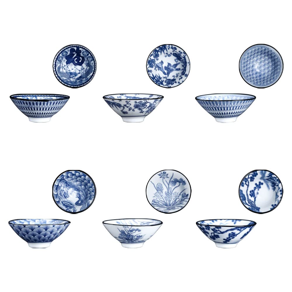 Vitbunana Kung Fu Tea Cup Set of 6, Chinese Tea Cup, 1.69oz Blue and White Porcelain Tea Cup (Style One)