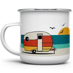 good vibes retro camper enamel mug, camping coffee mug, beach surf lover gift, camp outdoor mug (12oz)