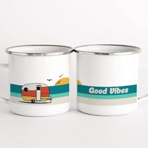 Good Vibes Retro Camper Enamel Mug, Camping Coffee Mug, Beach Surf Lover Gift, Camp Outdoor Mug (12oz)