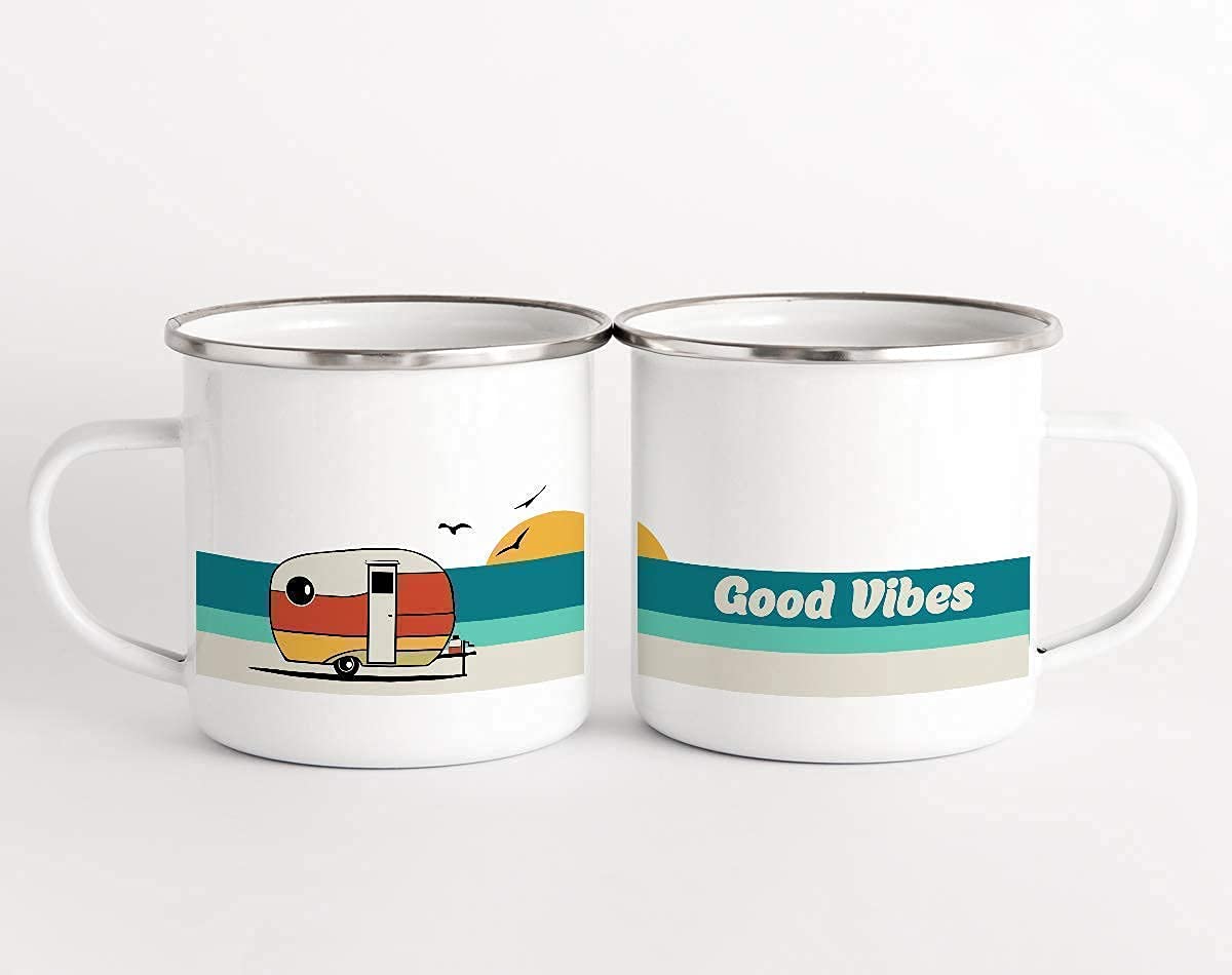 Good Vibes Retro Camper Enamel Mug, Camping Coffee Mug, Beach Surf Lover Gift, Camp Outdoor Mug (12oz)