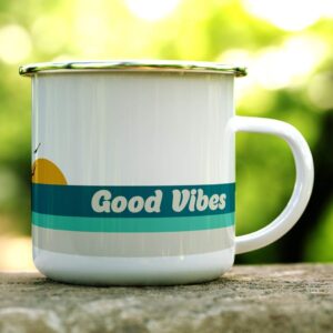 Good Vibes Retro Camper Enamel Mug, Camping Coffee Mug, Beach Surf Lover Gift, Camp Outdoor Mug (12oz)