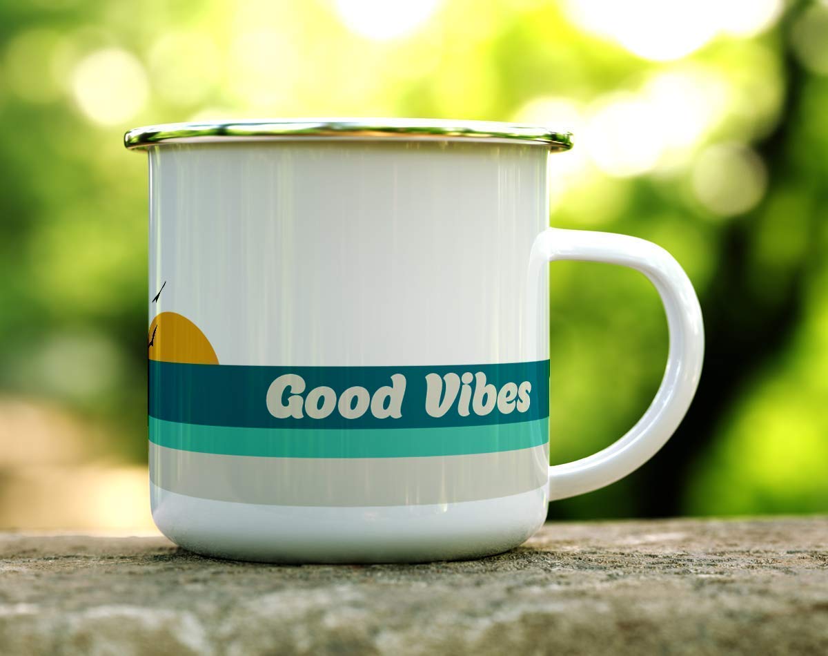 Good Vibes Retro Camper Enamel Mug, Camping Coffee Mug, Beach Surf Lover Gift, Camp Outdoor Mug (12oz)