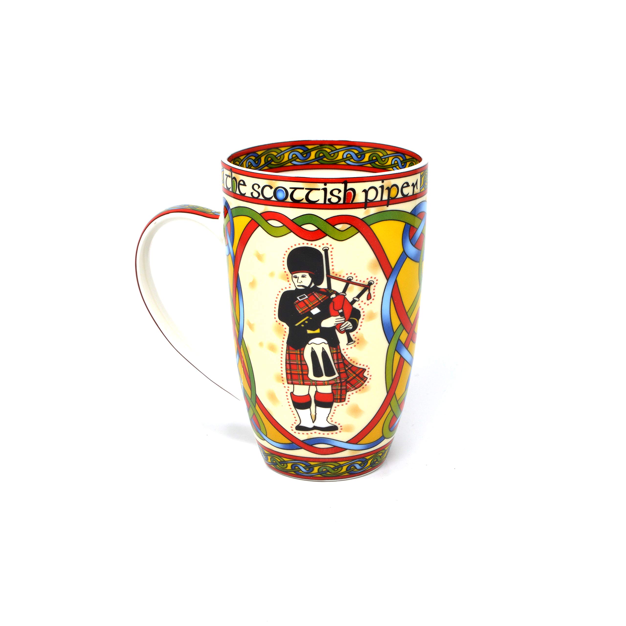 Scotland Piper Mug Cup with Scottish Red Celtic Knots Design and Highland Bagpipes by Royal Tara