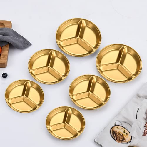 6 Pack Appetizer Plates, Mini Sauce Dishes, Side Dish Bowls, Soy Sauce Dish, Small Bowl/Dish for BBQ, Condiments, Appetizer, Dessert, Sushi, 3 sizes, large, medium and small. (Golden, 3 Compartment)