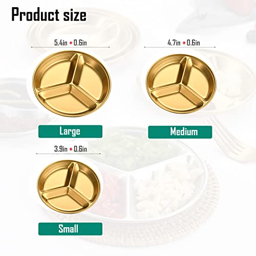 6 Pack Appetizer Plates, Mini Sauce Dishes, Side Dish Bowls, Soy Sauce Dish, Small Bowl/Dish for BBQ, Condiments, Appetizer, Dessert, Sushi, 3 sizes, large, medium and small. (Golden, 3 Compartment)