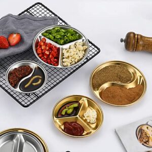 6 Pack Appetizer Plates, Mini Sauce Dishes, Side Dish Bowls, Soy Sauce Dish, Small Bowl/Dish for BBQ, Condiments, Appetizer, Dessert, Sushi, 3 sizes, large, medium and small. (Golden, 3 Compartment)