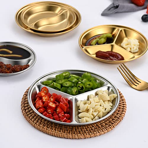 6 Pack Appetizer Plates, Mini Sauce Dishes, Side Dish Bowls, Soy Sauce Dish, Small Bowl/Dish for BBQ, Condiments, Appetizer, Dessert, Sushi, 3 sizes, large, medium and small. (Golden, 3 Compartment)