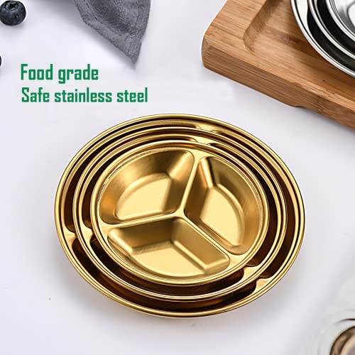 6 Pack Appetizer Plates, Mini Sauce Dishes, Side Dish Bowls, Soy Sauce Dish, Small Bowl/Dish for BBQ, Condiments, Appetizer, Dessert, Sushi, 3 sizes, large, medium and small. (Golden, 3 Compartment)