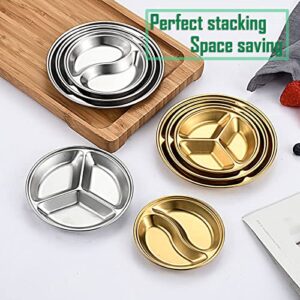 6 Pack Appetizer Plates, Mini Sauce Dishes, Side Dish Bowls, Soy Sauce Dish, Small Bowl/Dish for BBQ, Condiments, Appetizer, Dessert, Sushi, 3 sizes, large, medium and small. (Golden, 3 Compartment)