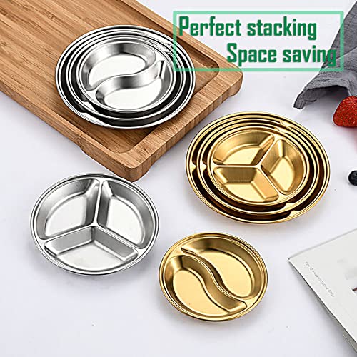 6 Pack Appetizer Plates, Mini Sauce Dishes, Side Dish Bowls, Soy Sauce Dish, Small Bowl/Dish for BBQ, Condiments, Appetizer, Dessert, Sushi, 3 sizes, large, medium and small. (Golden, 3 Compartment)