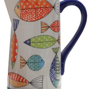 Euro Ceramica FreshCatch Collection 2.5LT Pitcher - Indoor/Outdoor Use - Colorful Cute Fish Pattern on White,Standard,FRC-86-3910