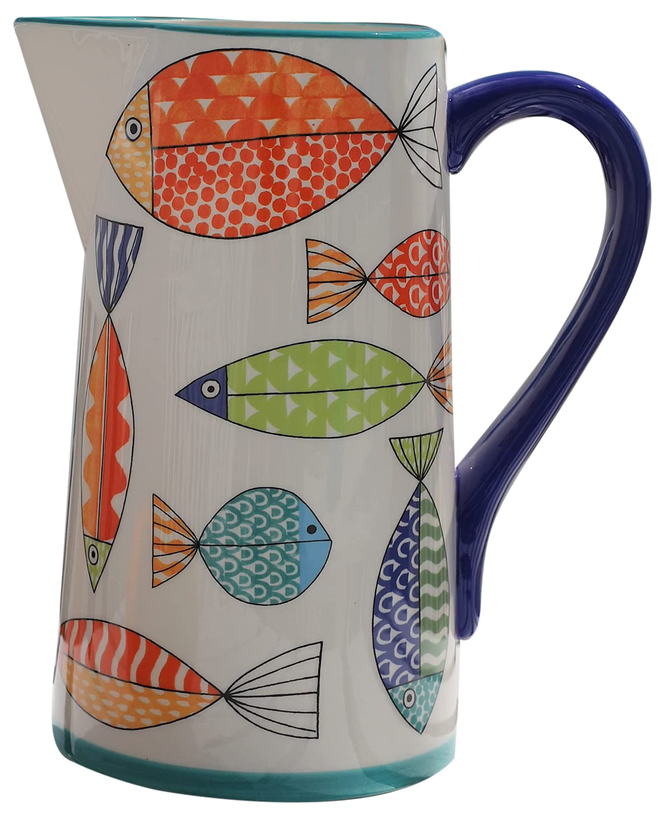 Euro Ceramica FreshCatch Collection 2.5LT Pitcher - Indoor/Outdoor Use - Colorful Cute Fish Pattern on White,Standard,FRC-86-3910