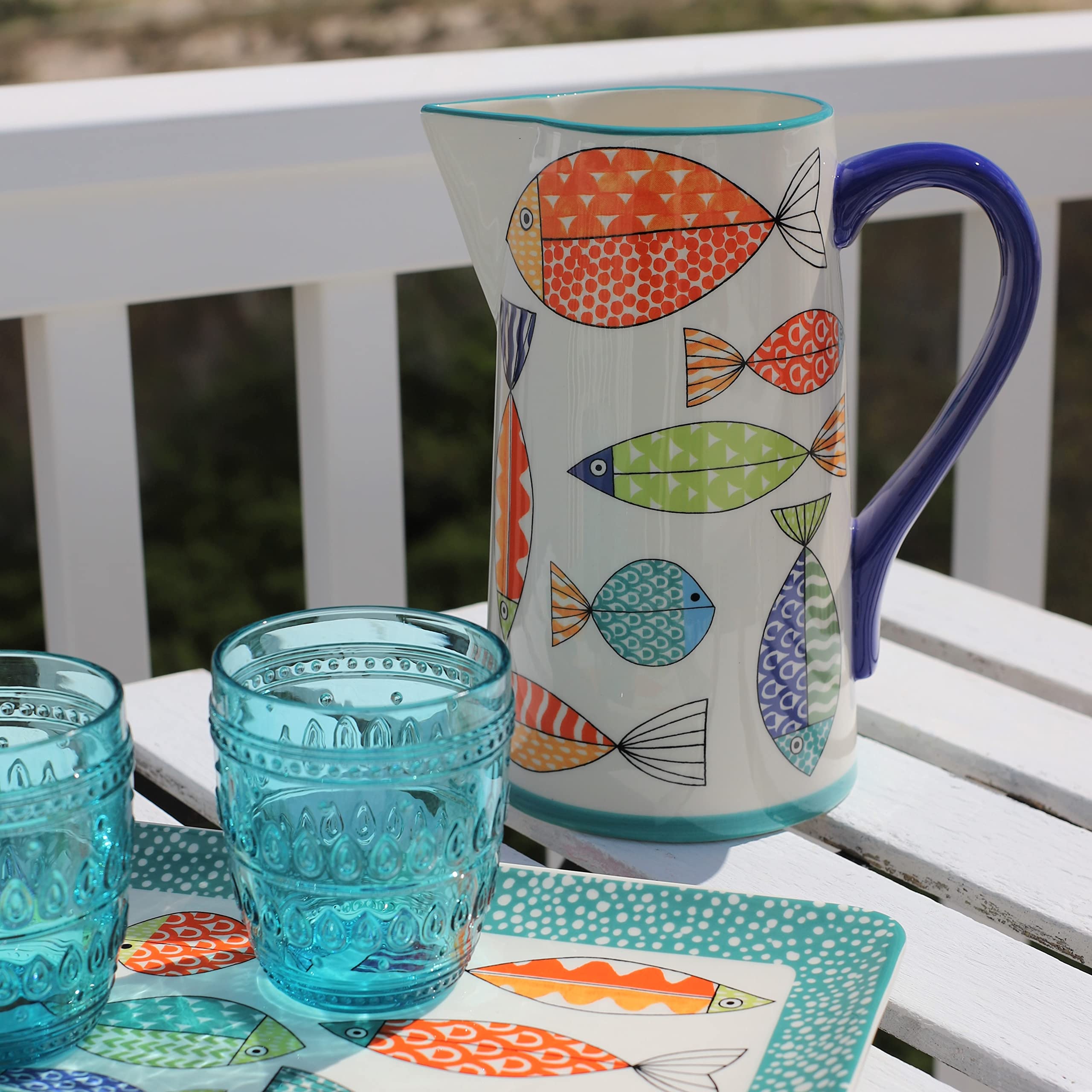 Euro Ceramica FreshCatch Collection 2.5LT Pitcher - Indoor/Outdoor Use - Colorful Cute Fish Pattern on White,Standard,FRC-86-3910