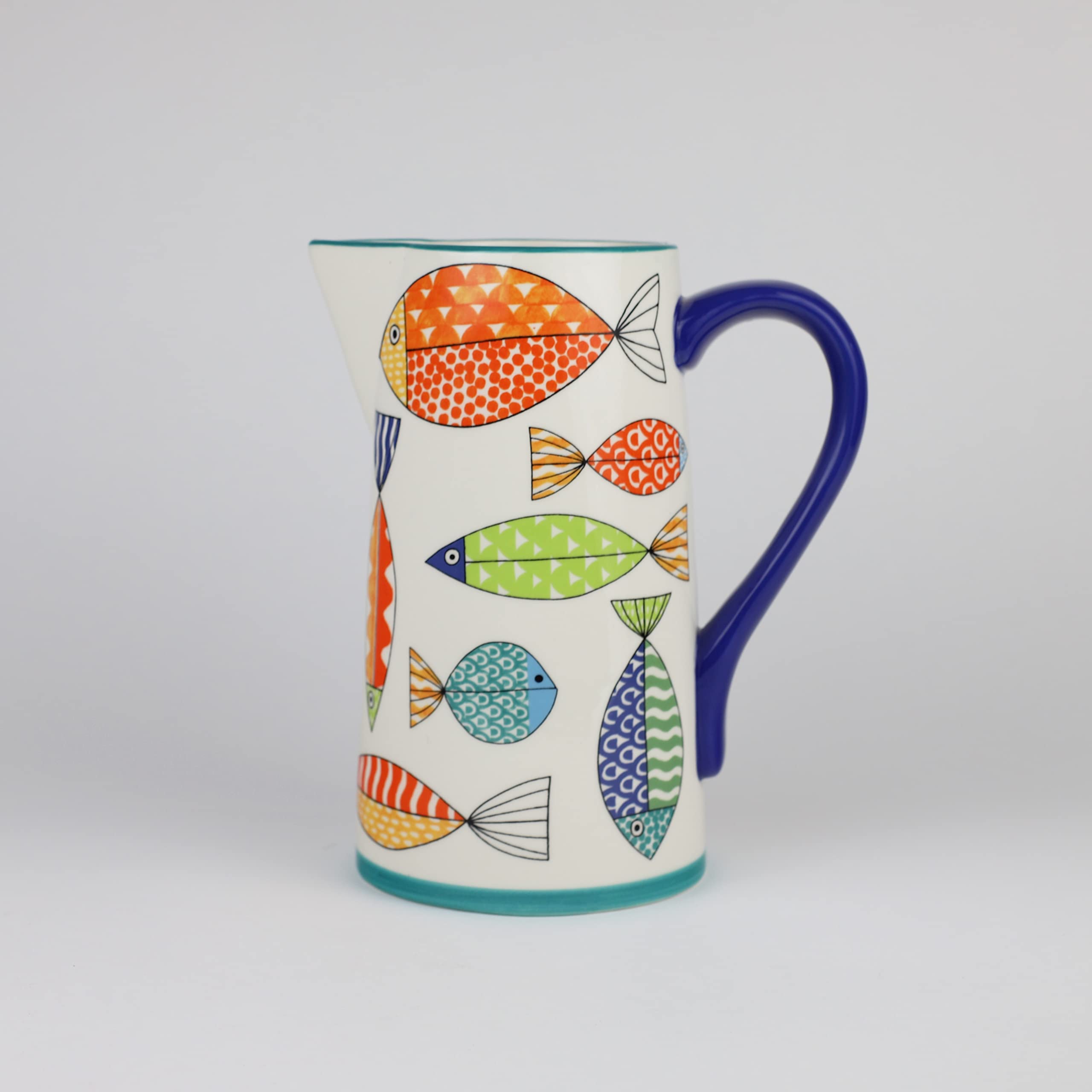 Euro Ceramica FreshCatch Collection 2.5LT Pitcher - Indoor/Outdoor Use - Colorful Cute Fish Pattern on White,Standard,FRC-86-3910