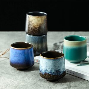 LIUCUON Ceramic Tea Cups Japanese Tea Cup Set,Espresso Cup,Porcelain Coffee Cups, Set of 4 Tea Mugs for Home & Office,7.5 oz(Reactive)