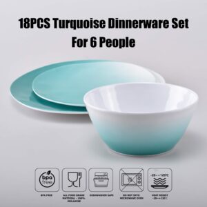 Joviton Home 18-Piece Teal Turquoise Ombre Melamine Dinnerware Sets for 6,Outdoor Plates and Bowls Sets (Turquoise)