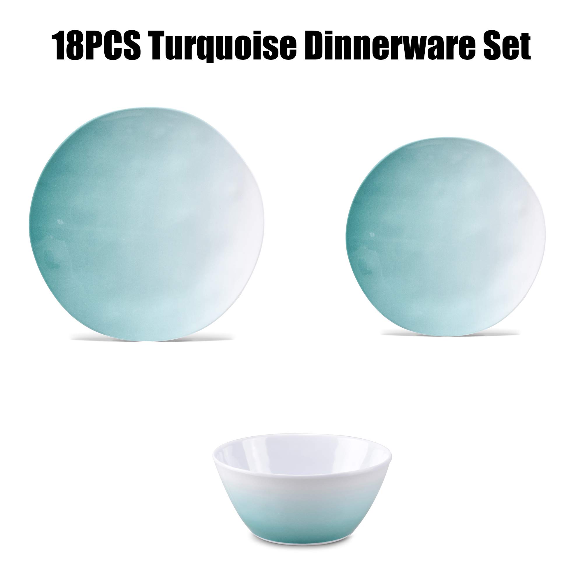 Joviton Home 18-Piece Teal Turquoise Ombre Melamine Dinnerware Sets for 6,Outdoor Plates and Bowls Sets (Turquoise)