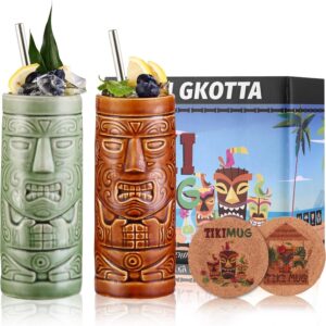 sun gkotta tiki glasses for cocktails tiki mugs set of 2 ceramic tiki party cups bar decor creative tiki mug set large hawaiian glasses tiki drinking bar decorations with coaster and straws