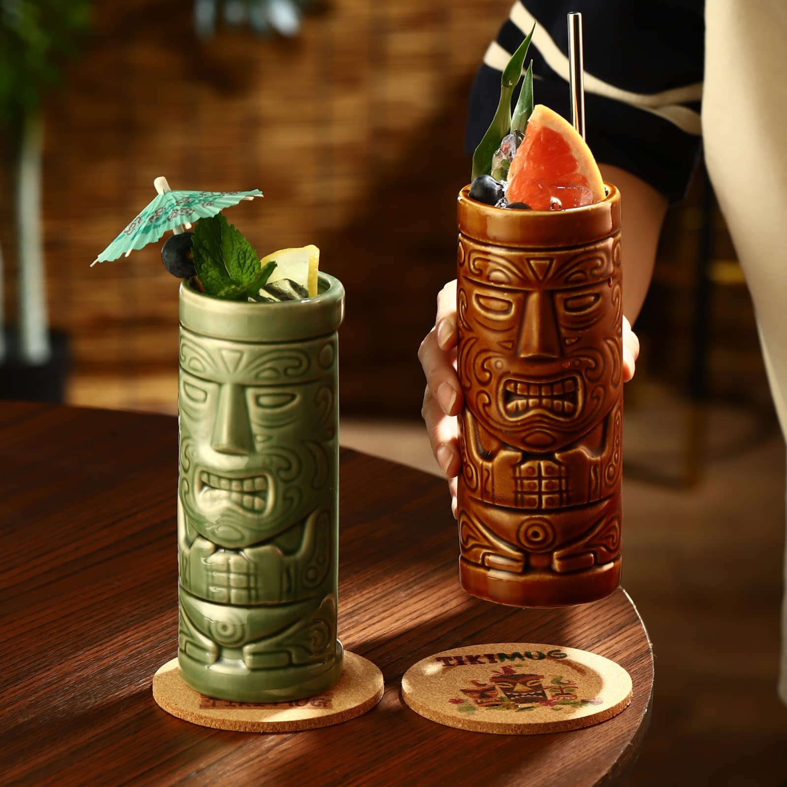 SUN GKOTTA Tiki Glasses for Cocktails Tiki Mugs Set of 2 Ceramic Tiki Party Cups Bar Decor Creative Tiki Mug Set Large Hawaiian Glasses Tiki Drinking Bar Decorations with Coaster and Straws