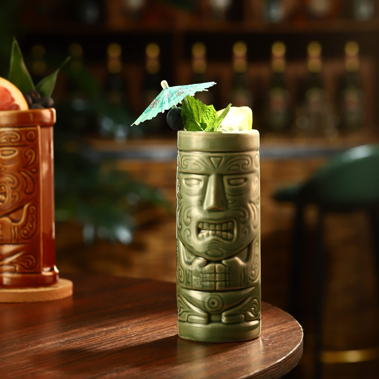 SUN GKOTTA Tiki Glasses for Cocktails Tiki Mugs Set of 2 Ceramic Tiki Party Cups Bar Decor Creative Tiki Mug Set Large Hawaiian Glasses Tiki Drinking Bar Decorations with Coaster and Straws